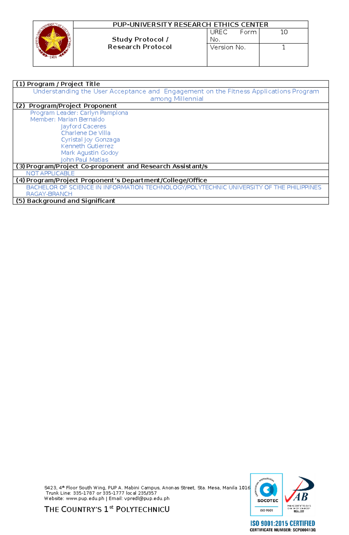Drafttt - NBHJGXDJY - Study Protocol / Research Protocol UREC Form No ...