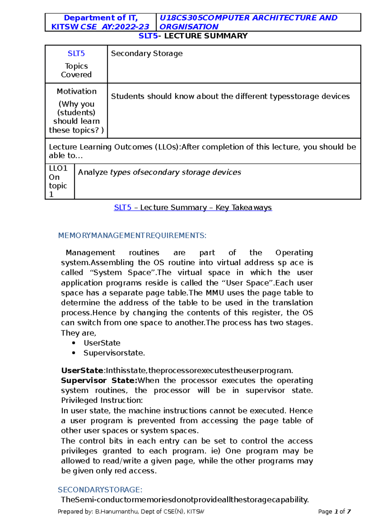 SLT5 Summar CAO - KITSW CSE AY:2022- ORGNISATION SLT5- LECTURE SUMMARY ...