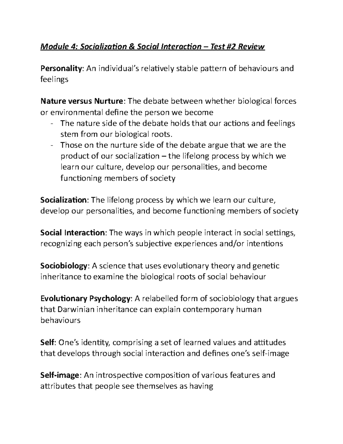 Module 4 - Socialization & Social Interaction. Test #2 Review ...