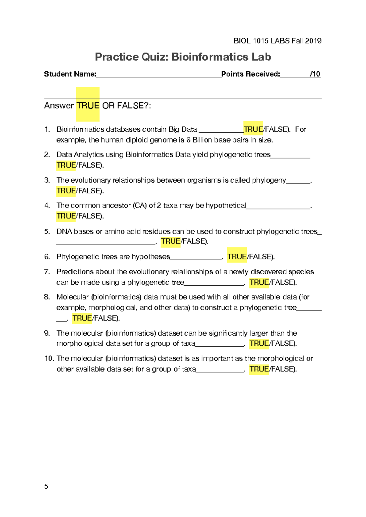 Quiz Bioinformatics KEY - BIOL 1015 LABS Fall 2019 Practice Quiz: Bioinformatics Lab Student ...