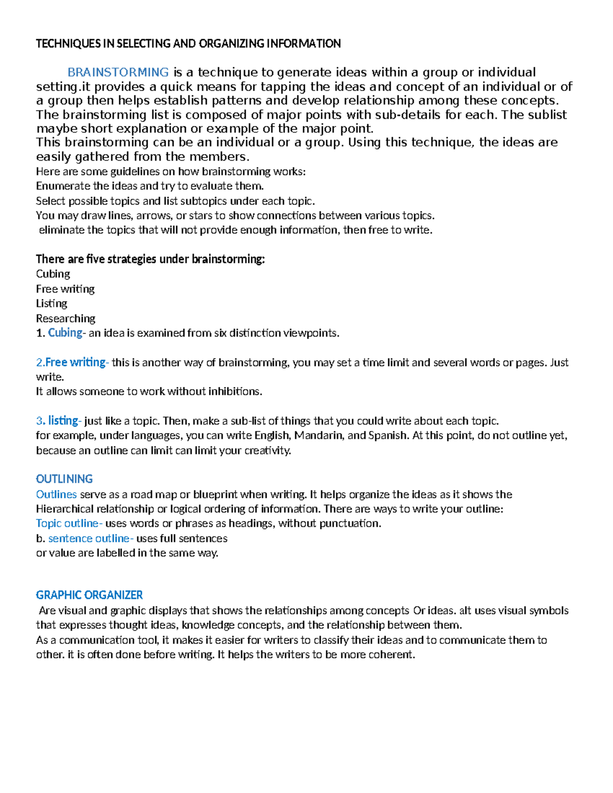 Techniques in selecting and organizing information - TECHNIQUES IN ...