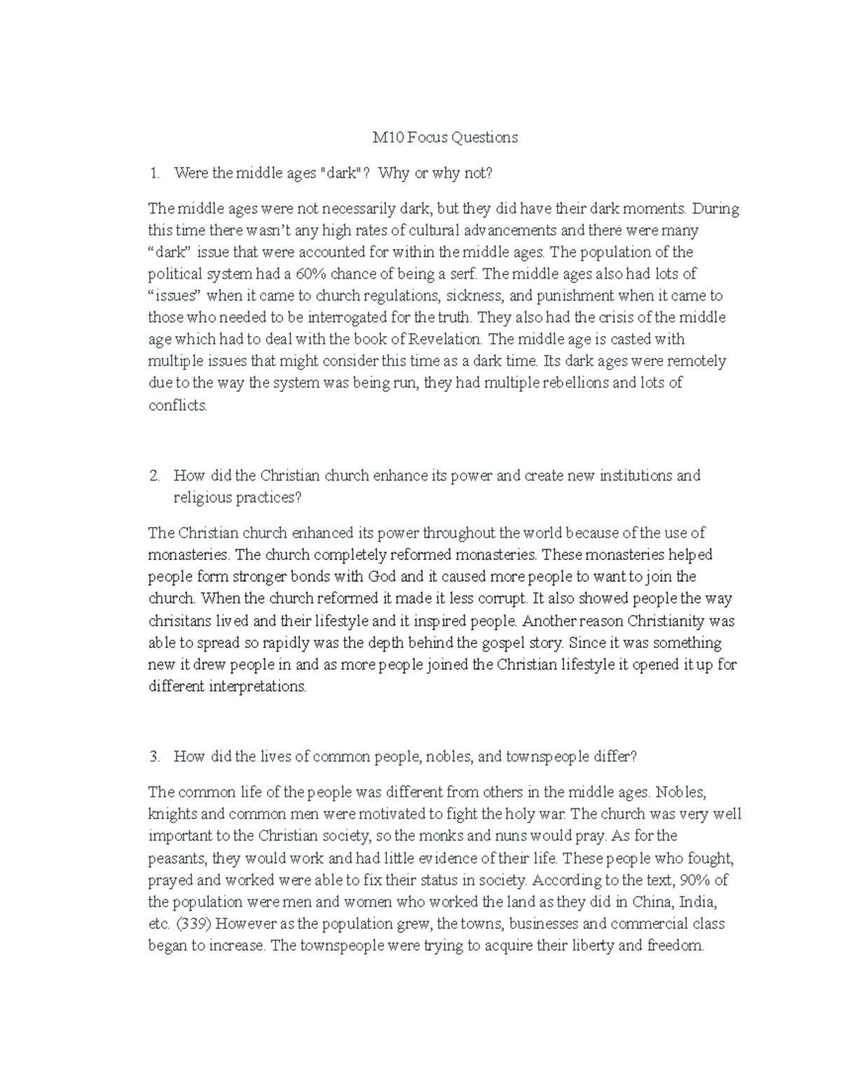 M10 focus Questions - M10 Focus Questions Were the middle ages "dark ...