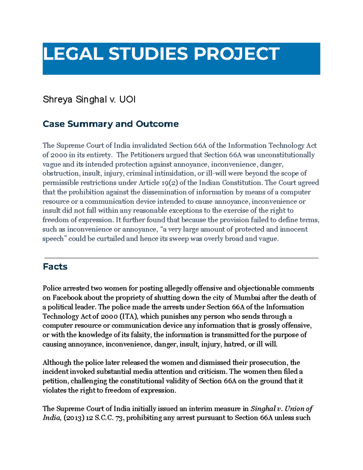 Legal project 1 - LEGAL STUDIES PROJECT Shreya Singhal v. UOI Case ...