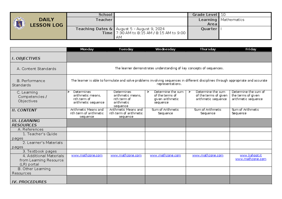 Daily Lesson Log in Mathematics - DAILY LESSON LOG School Grade Level 10 Teacher Learning Area ...
