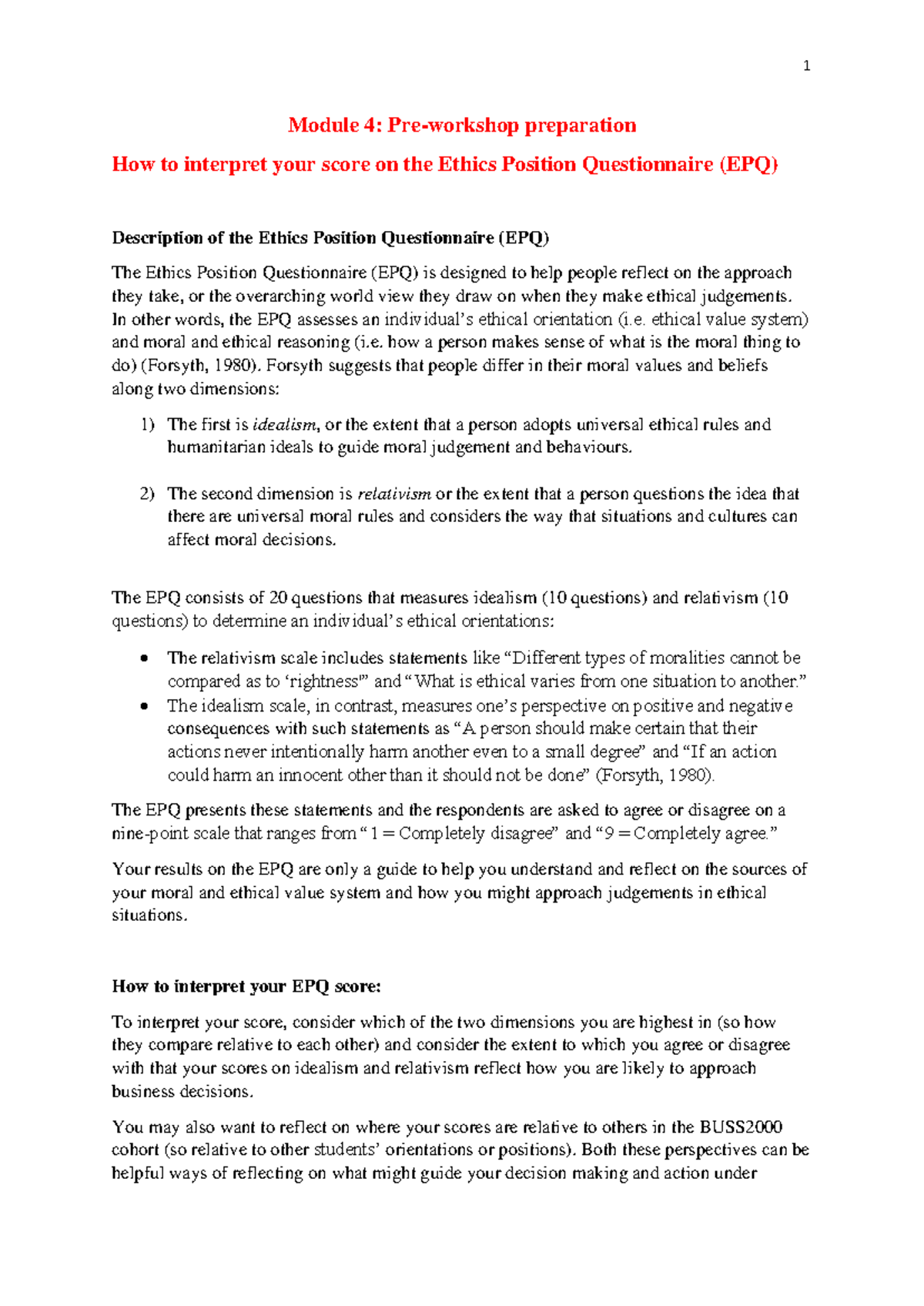 Module 4 pre-work and guide to interpret your ethical orientation ...