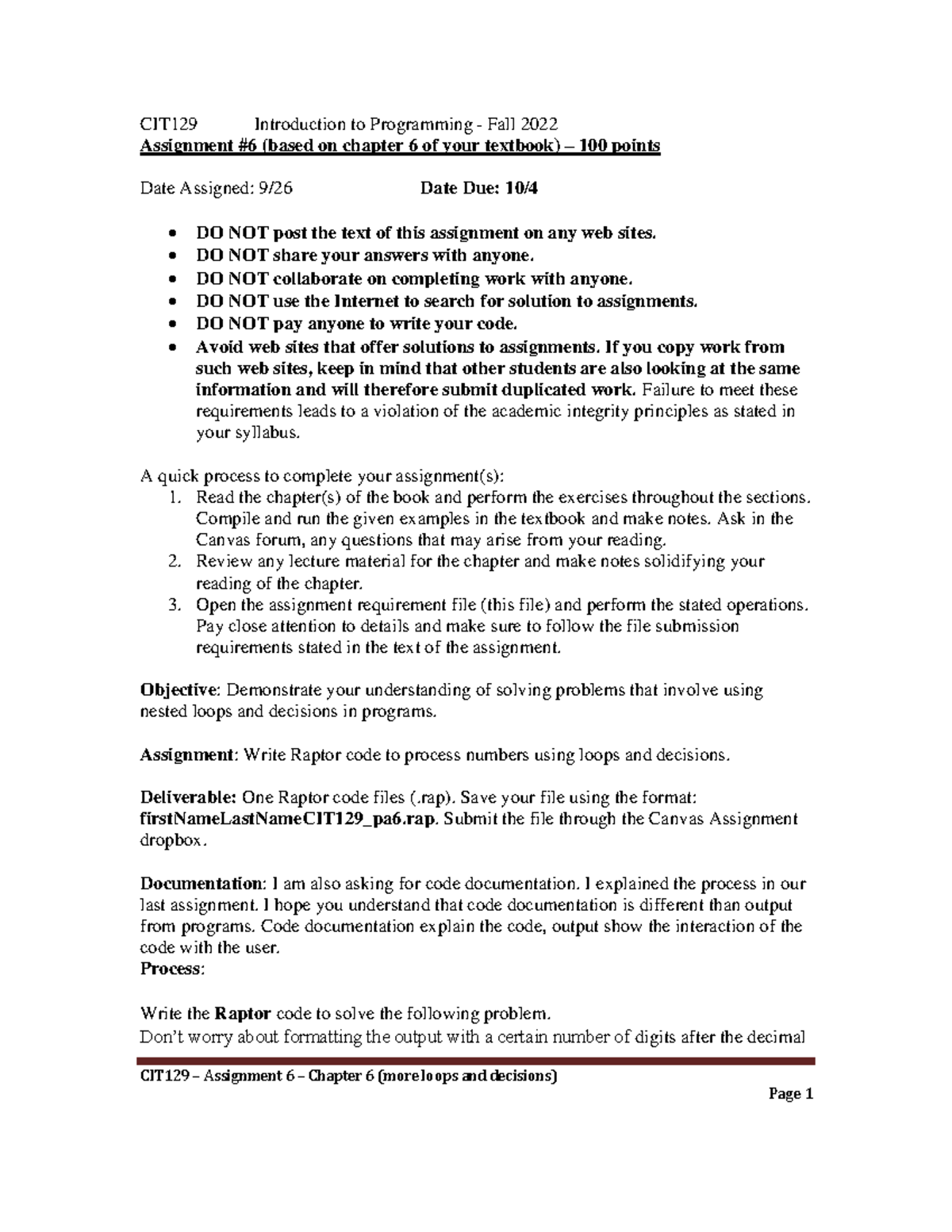 CIT129 hw6 ch6 FA22 - assignment - CIT129 – Assignment 6 – Chapter 6 (more loops and decisions ...