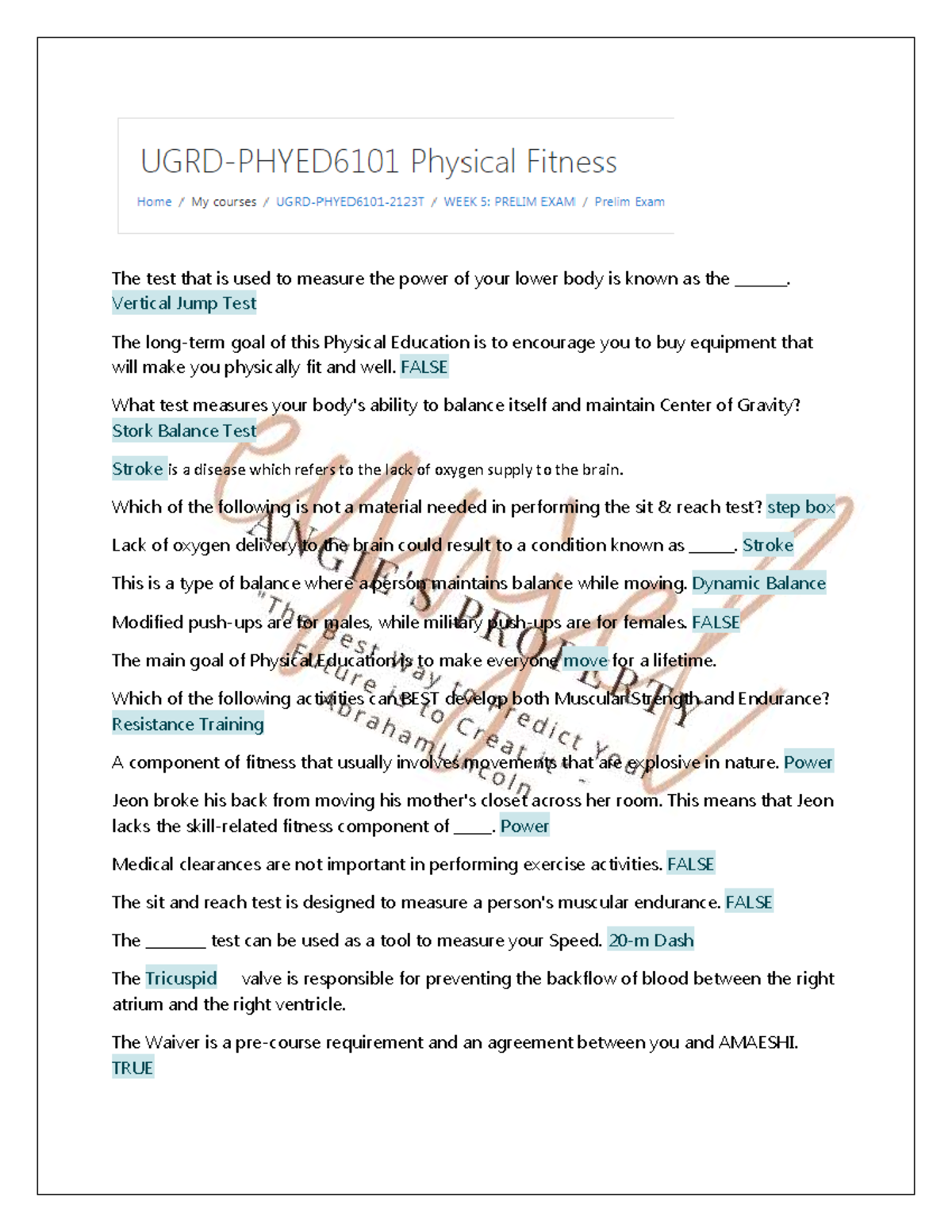 Physical Fitness Prelim Exam The Test That Is Used To Measure The 