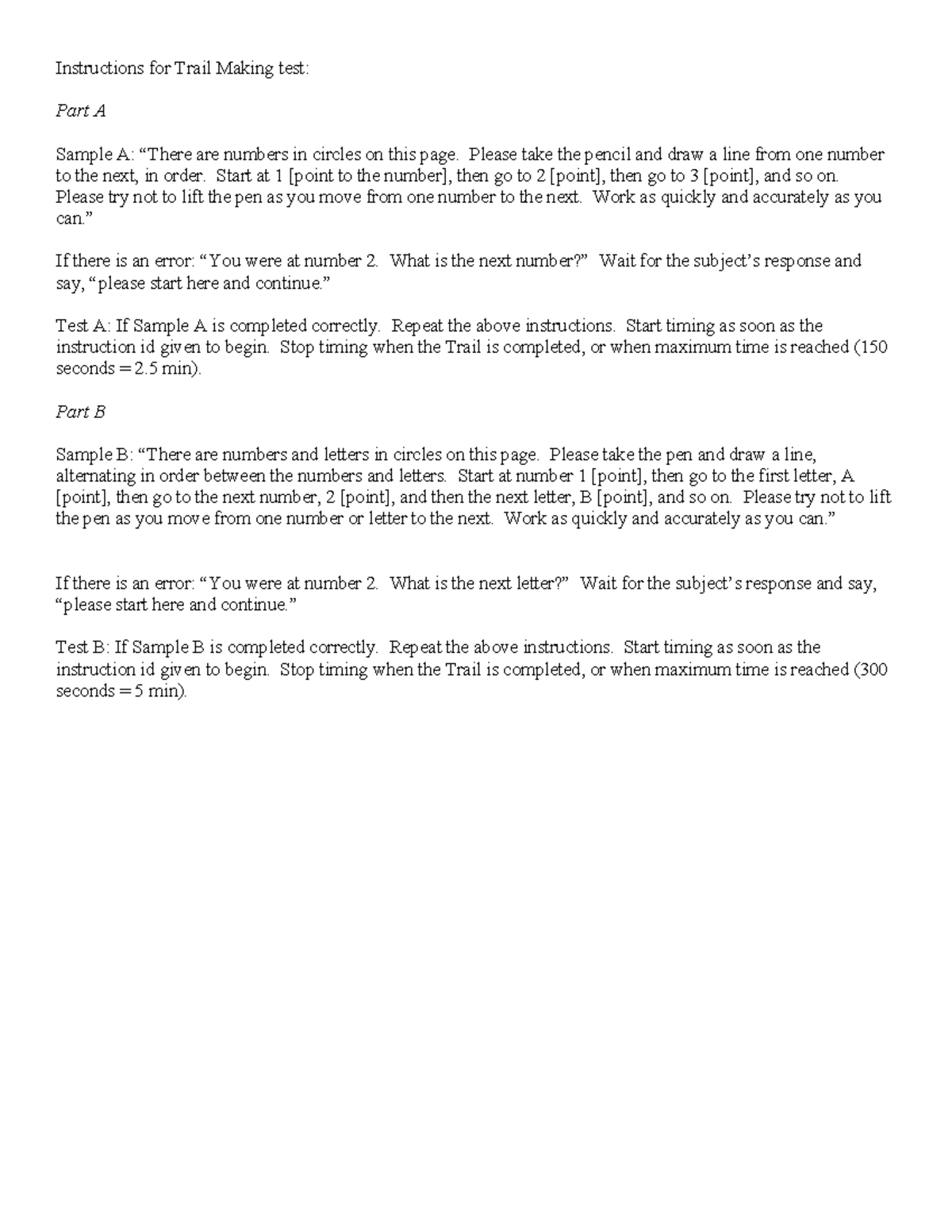 Trail Making Test - Instructions for Trail Making test: Part A Sample A ...