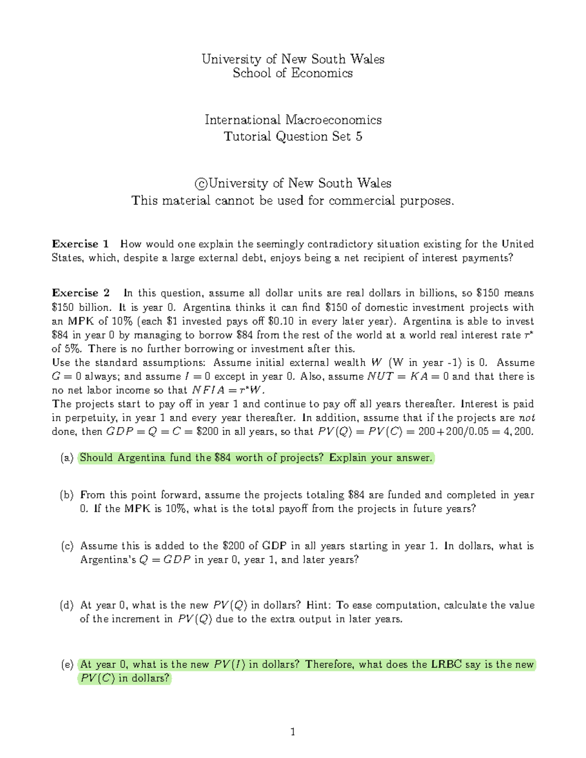 Tutorial Set 5 - University of New South Wales School of Economics ...