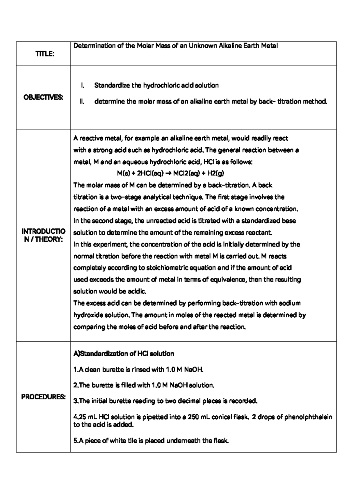 Lab report experiment 3 chem - TITLE: Determination of the Molar Mass ...