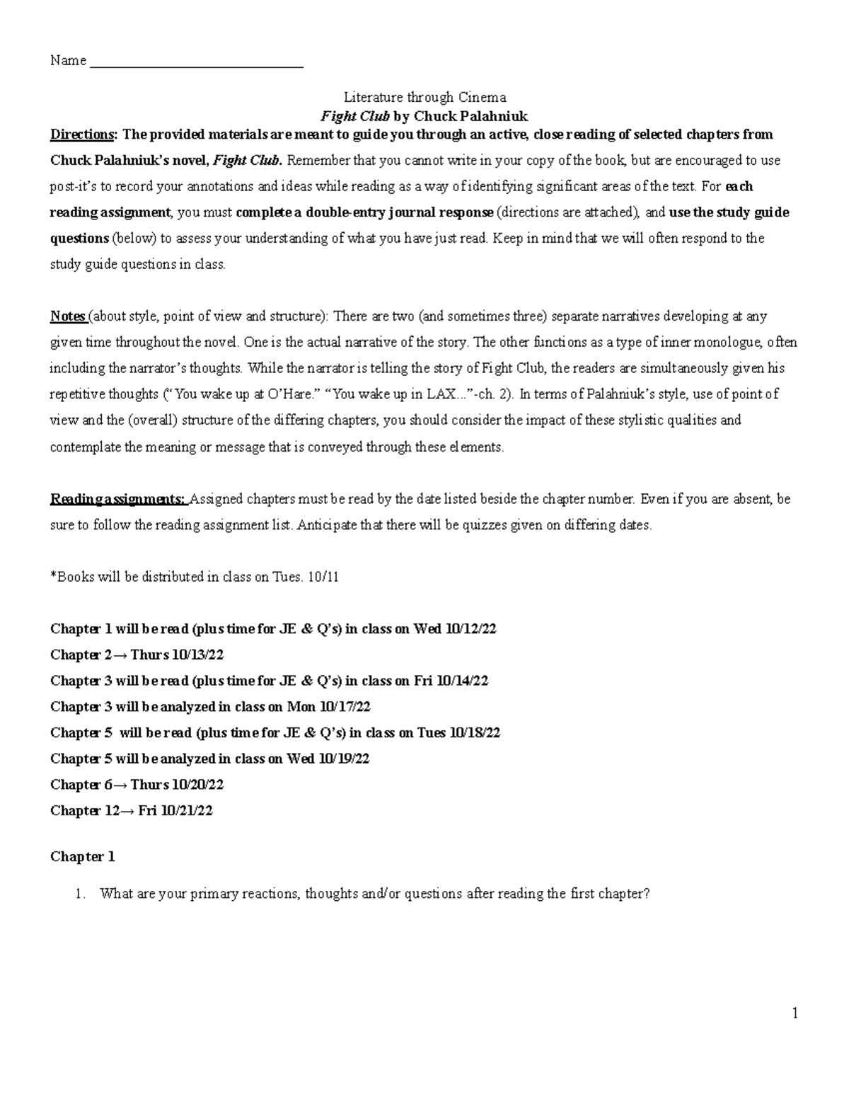 Copy of Fight Club reading schedule and study guide questions for ...