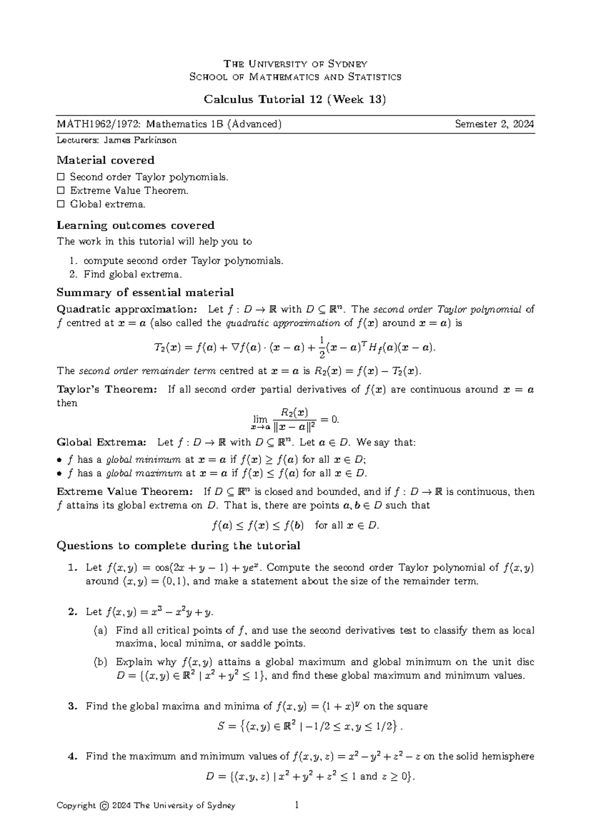 Calculus tutorial 12 week 13 - The University of Sydney School of Mathematics and Statistics ...