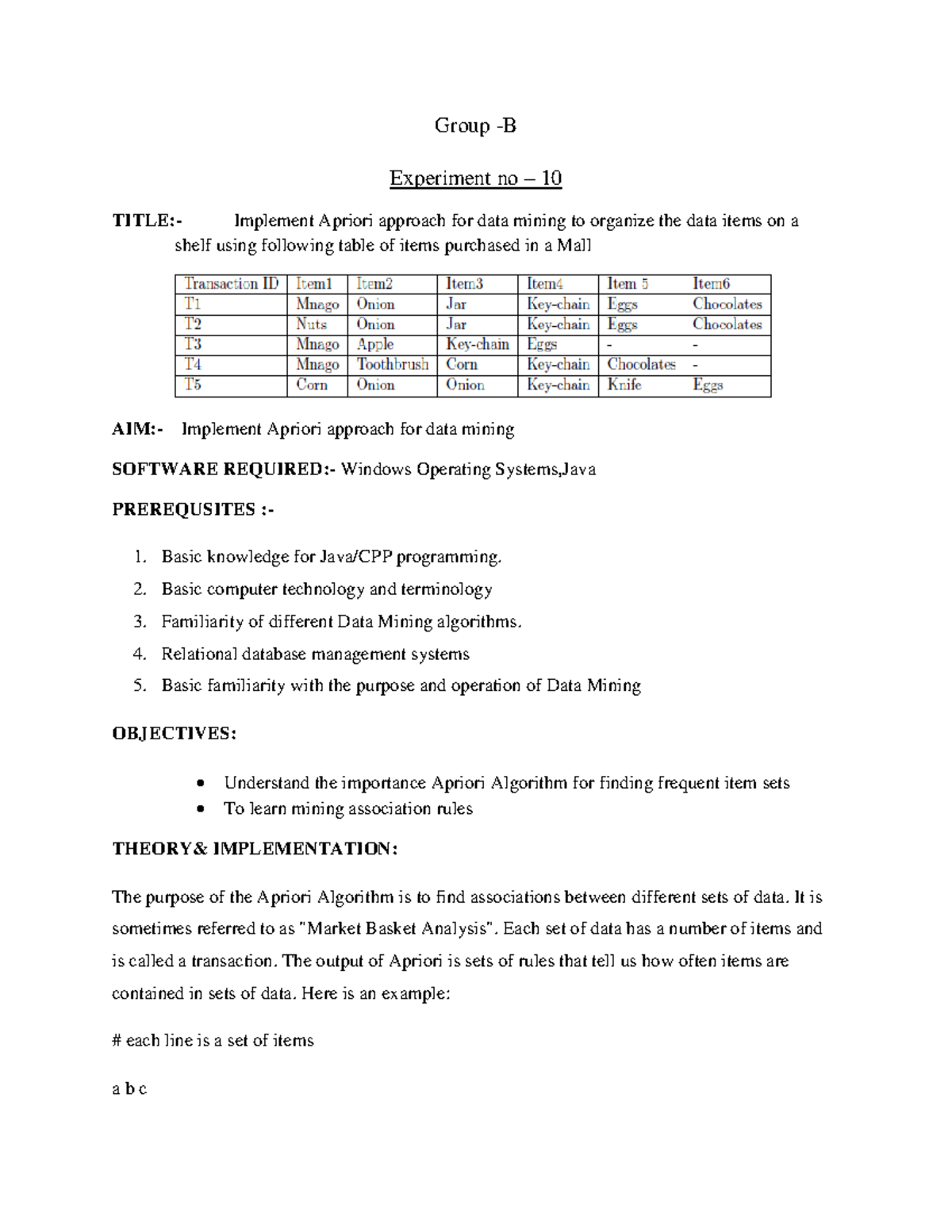 Apriori Lab Summary Information Retrieval Group B Experiment No 10 Title Implement