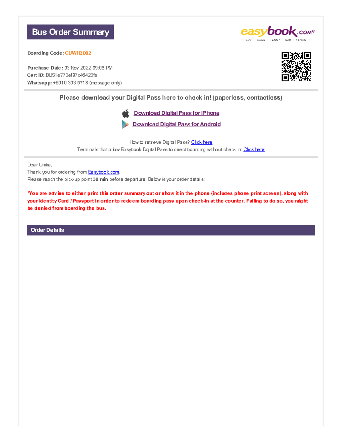 Order Summary - for addtitional notes - Bus Order Summary Boarding Code ...