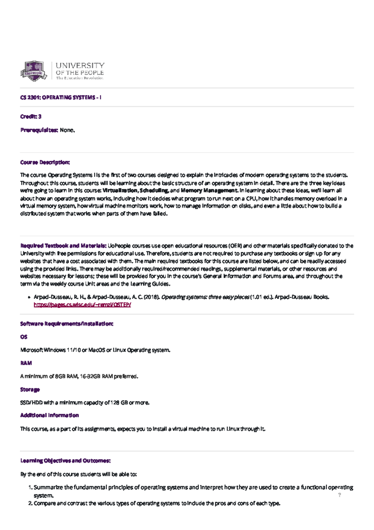 CS2301 Syllabus - CS 2301: OPERATING SYSTEMS - I Credit: 3 ...