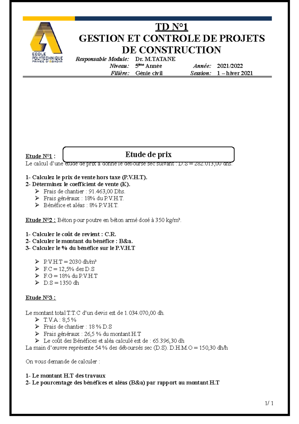Exercice 2 - Gestion et contrôle de projet - TD N° GESTION ET CONTROLE ...