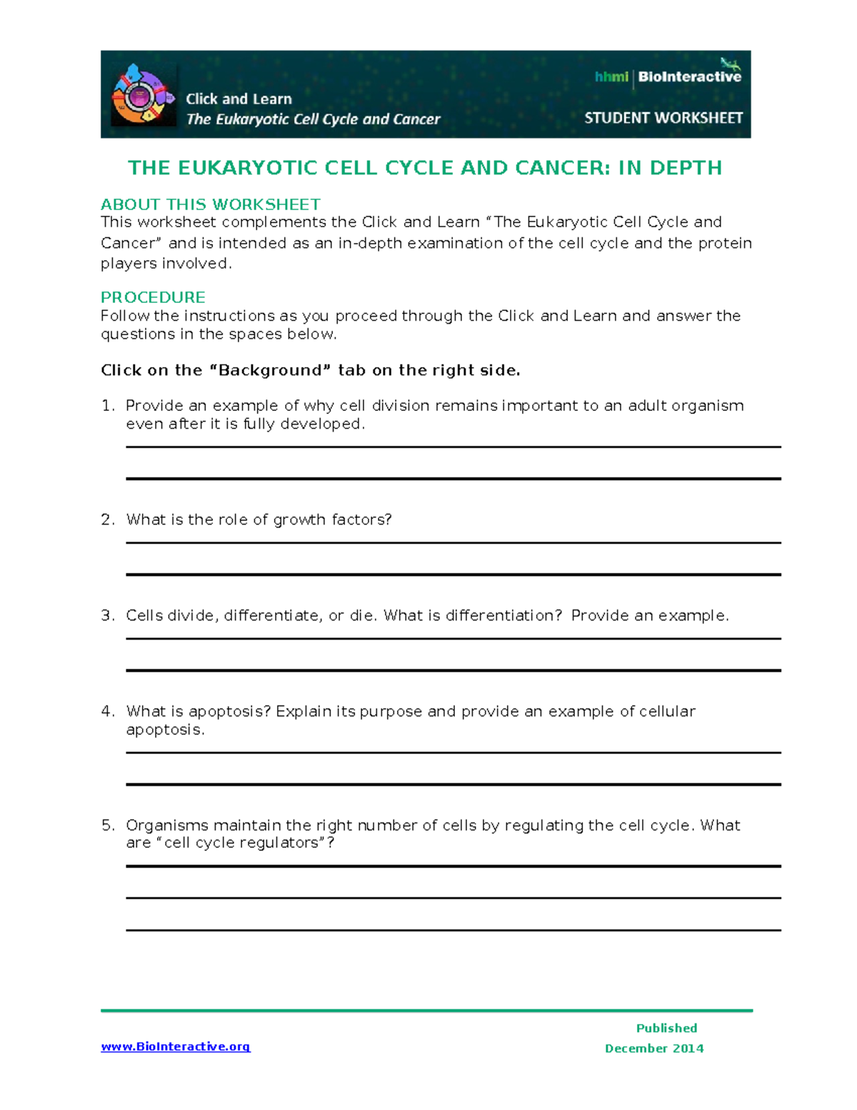 Cellcycle-Worksheet MH - Published THE EUKARYOTIC CELL CYCLE AND CANCER ...