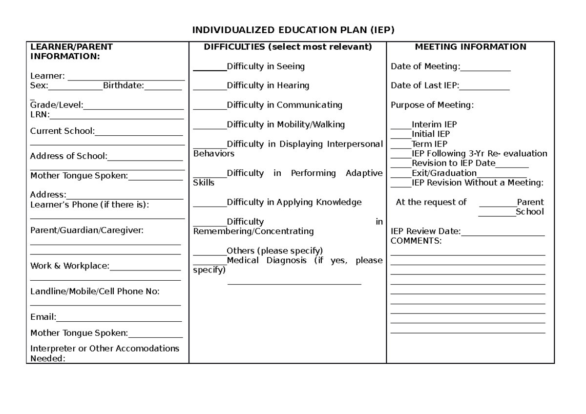 Individualized Education PLAN DO 44 - INDIVIDUALIZED EDUCATION PLAN ...