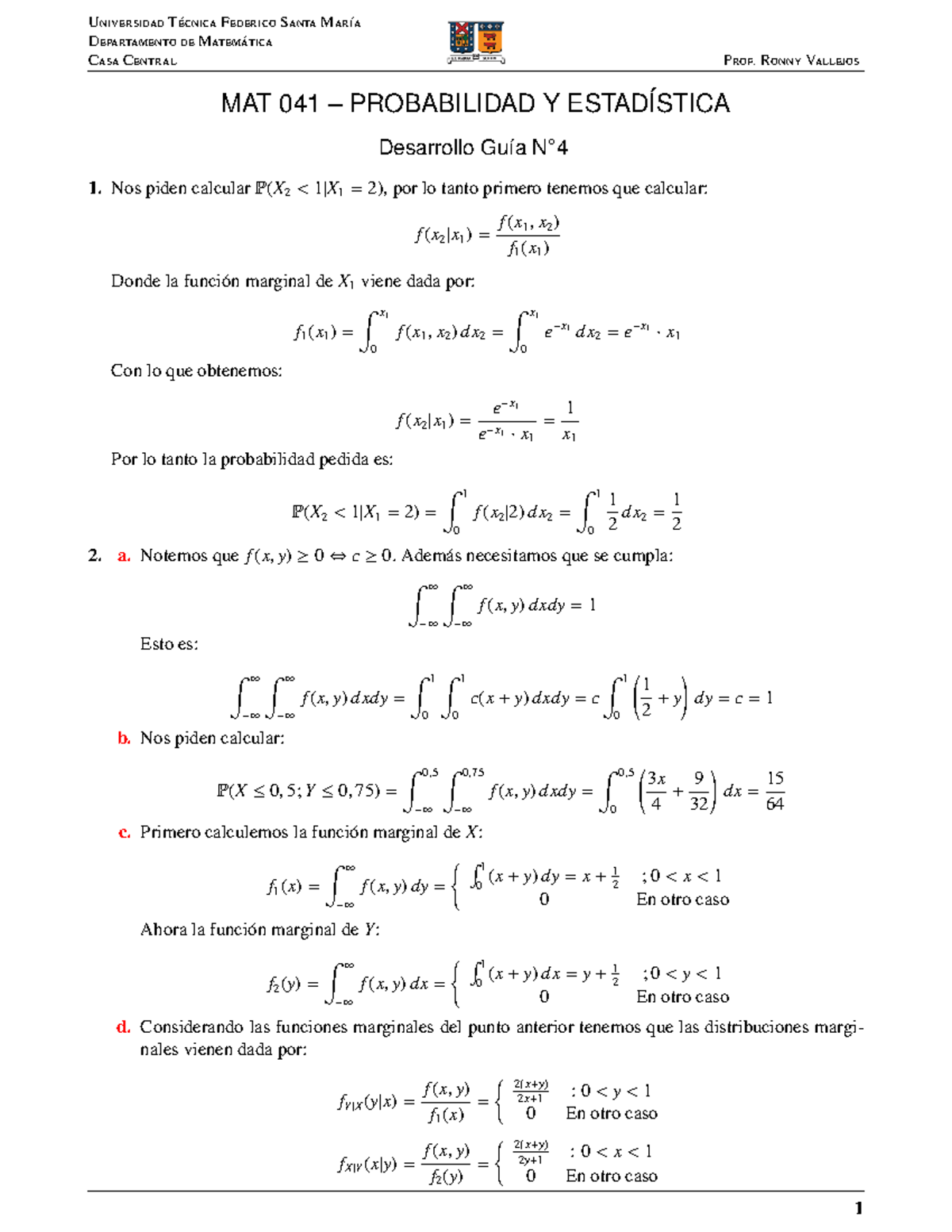 Solución Guia Vectores Aleatorios - Universidad T´ecnica Federico Santa Mar´ıa Departamento de ...