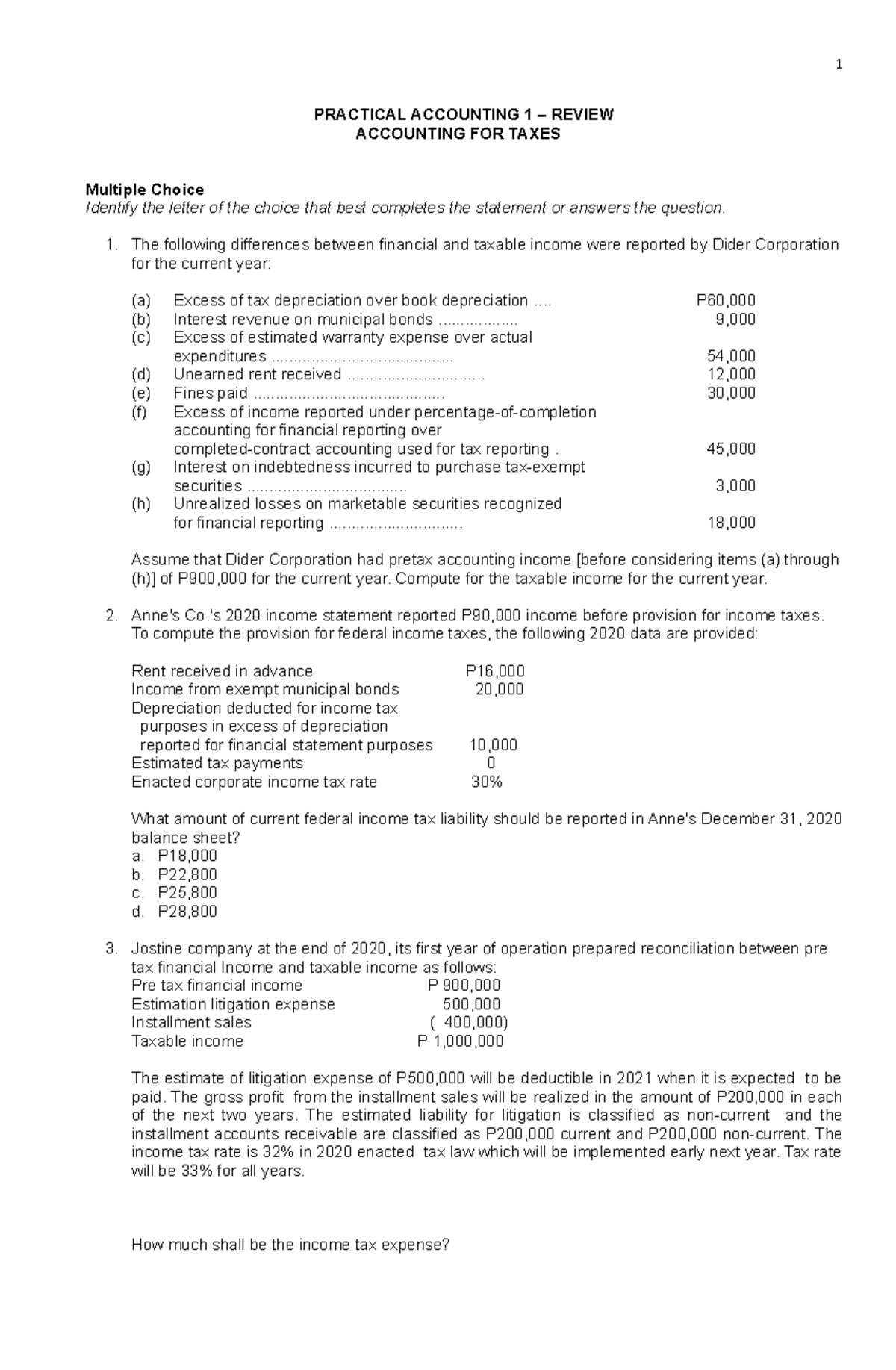 Accounting FOR Taxes QUIZ - PRACTICAL ACCOUNTING 1 – REVIEW ACCOUNTING ...