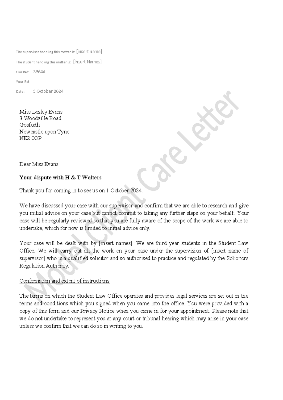 Model Client Care Letter-Evans - The supervisor handling this matter is ...