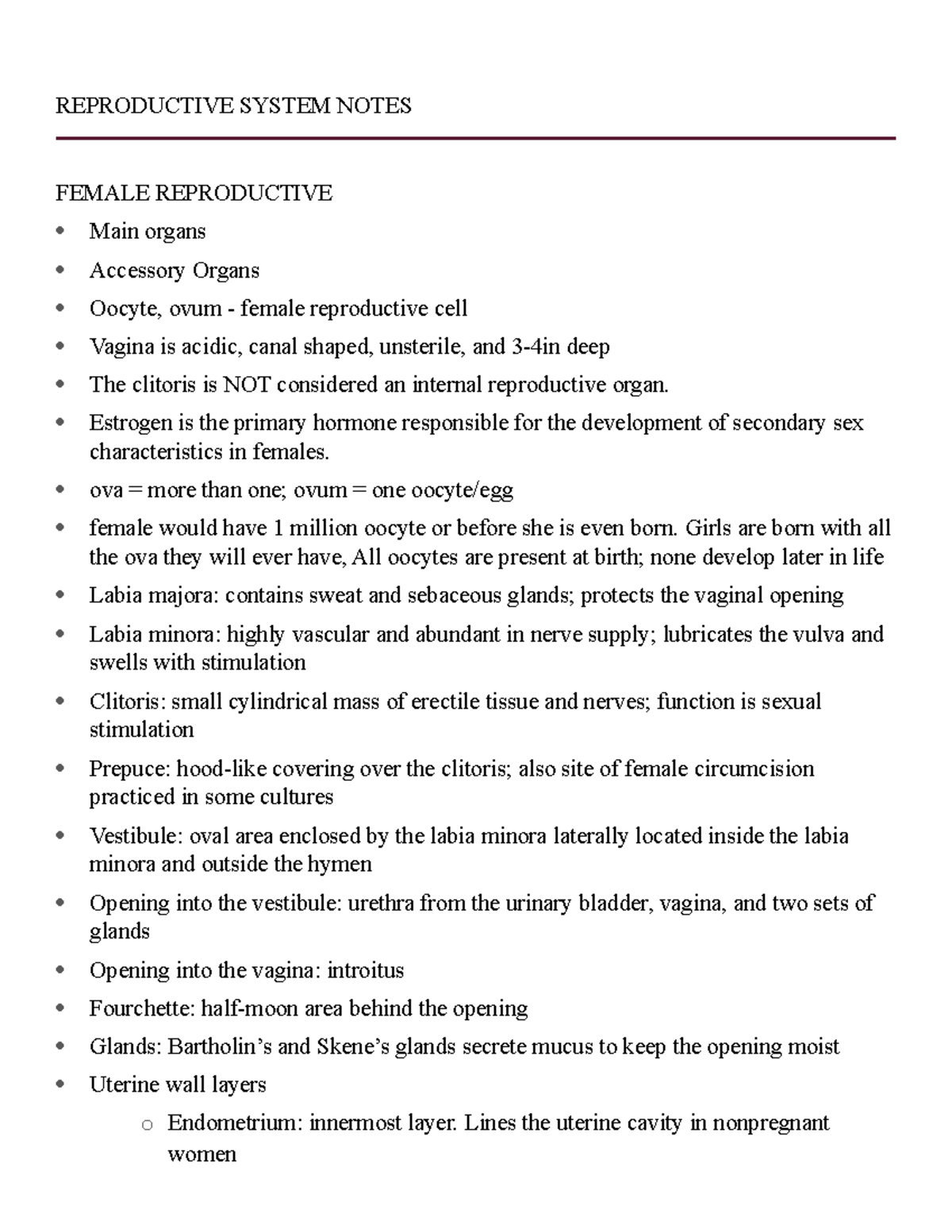 Reproductive System Notes - REPRODUCTIVE SYSTEM NOTES FEMALE ...