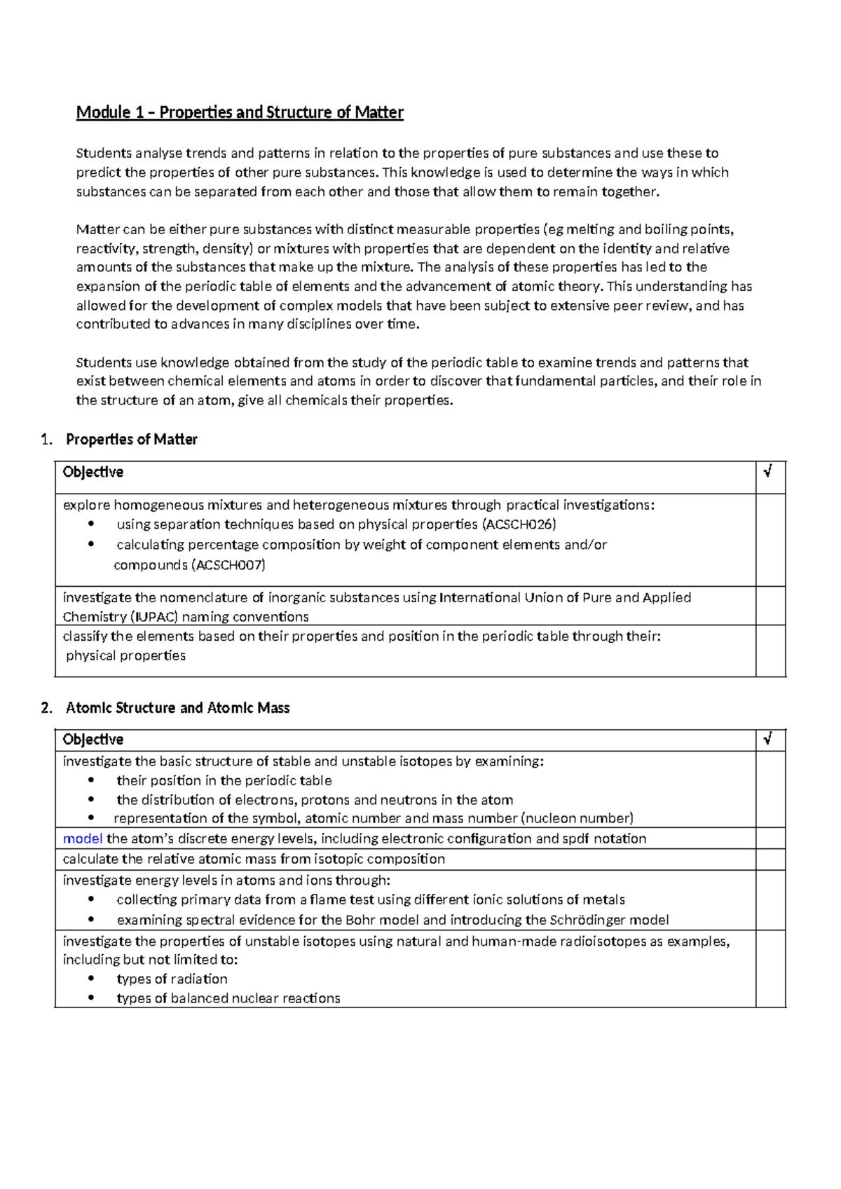 Module 1 – Properties and Structure of Matter checklist - Module 1 ...