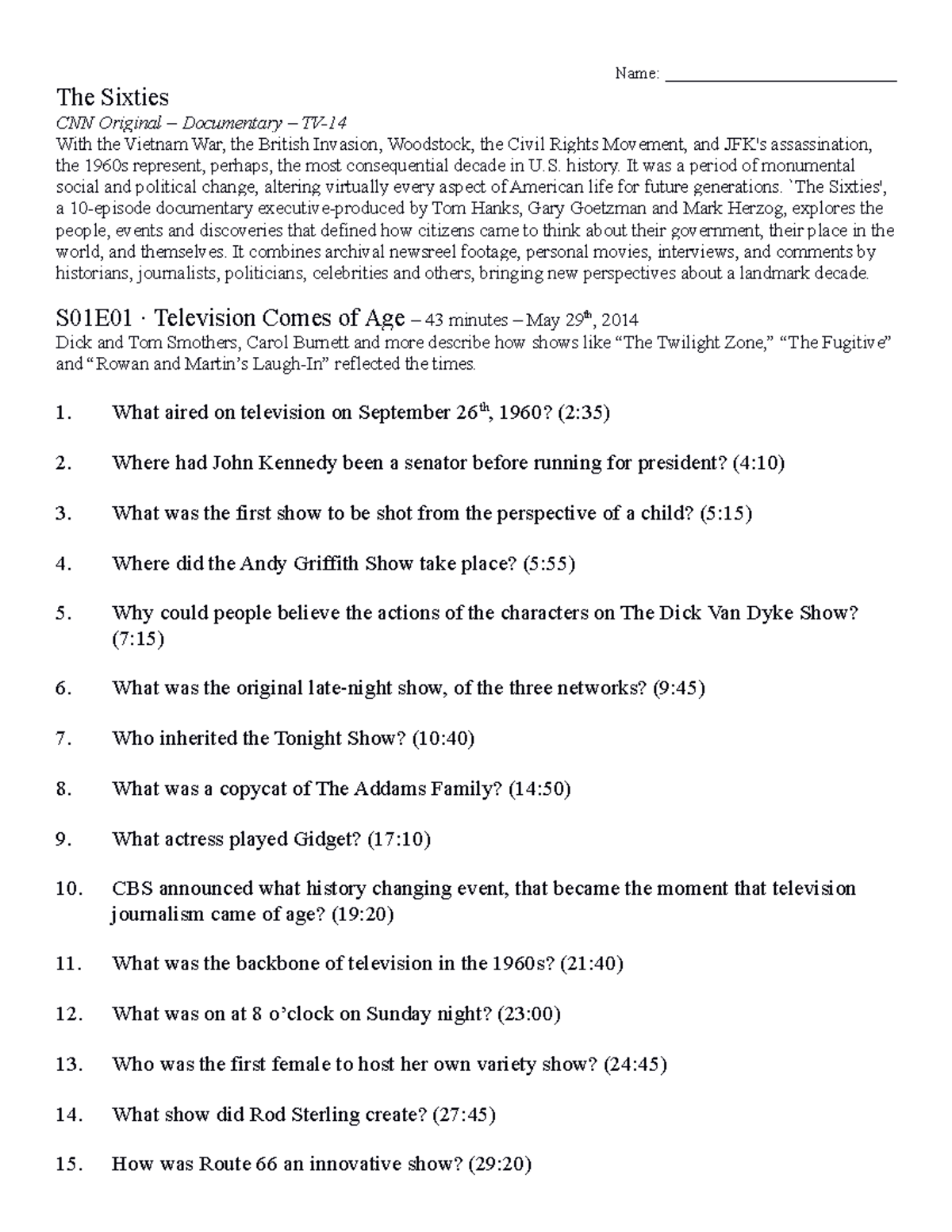 The Sixties Episode 1Television Comesof Age CNNOriginal Movie Guide 60s ...