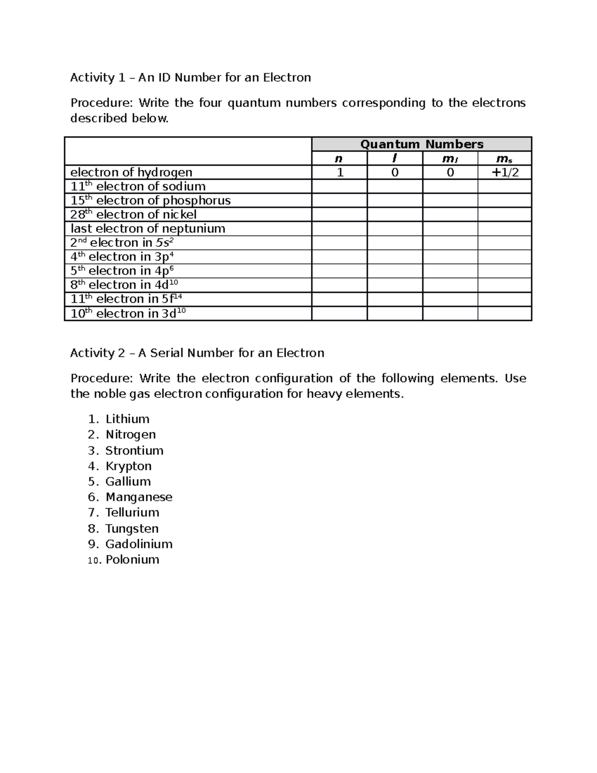 Activity Atomic Orbitals and Electron Configuration - Activity 1 – An ...
