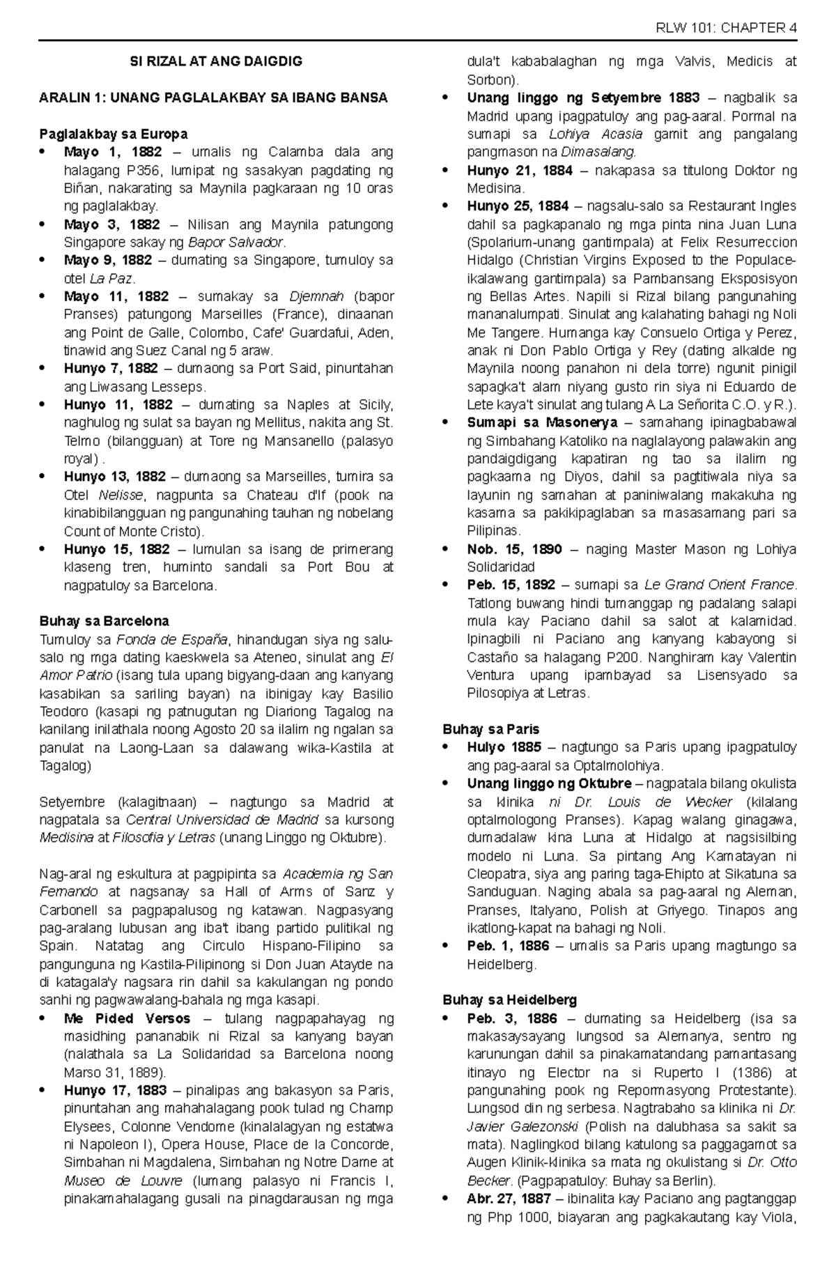 RLW101-4 - RLW 101: CHAPTER 4 SI RIZAL AT ANG DAIGDIG ARALIN 1: UNANG PAGLALAKBAY SA IBANG BANSA ...