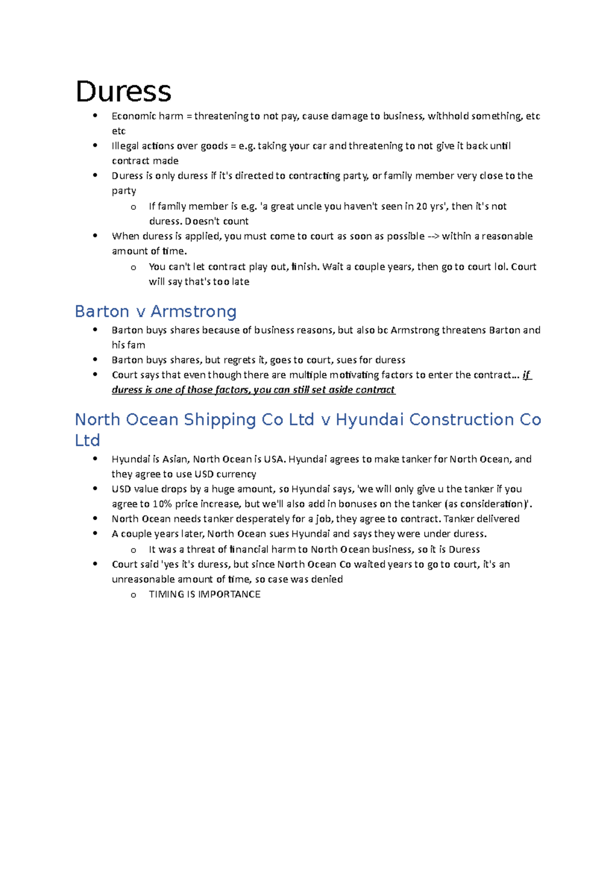 Duress Notes (part of L8) - Duress Economic harm threatening to not pay ...