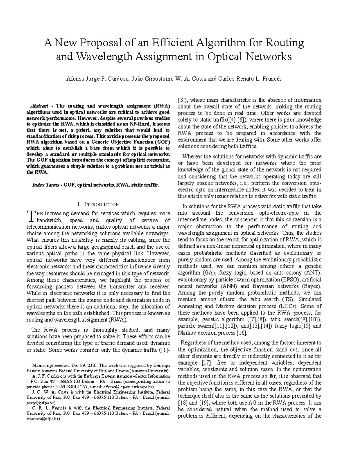 A New Proposal Of An Efficient Algorithm For Routing And Wavelength Assignment In Optical