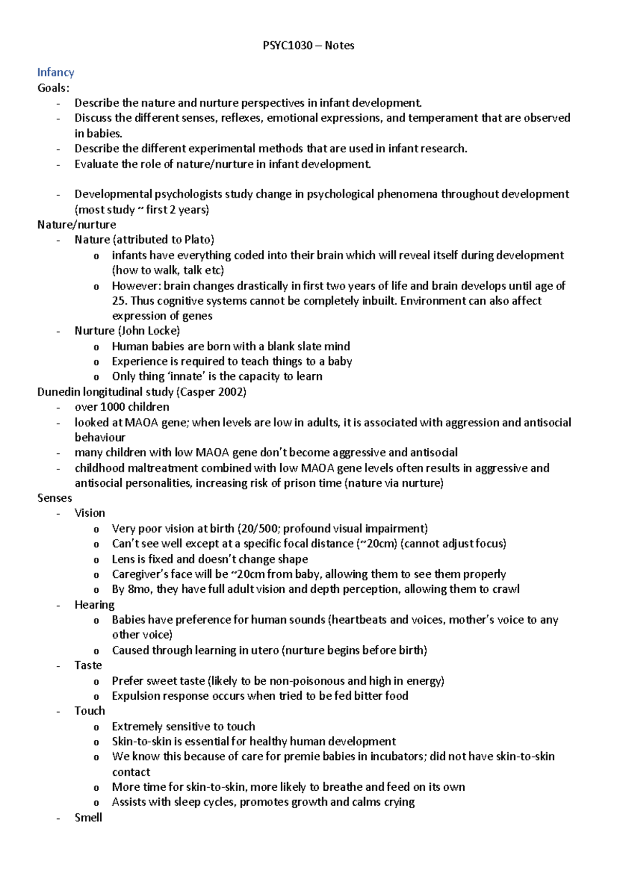 PSYC1030 - developmental psych notes - PSYC1030 – Notes Infancy Goals ...