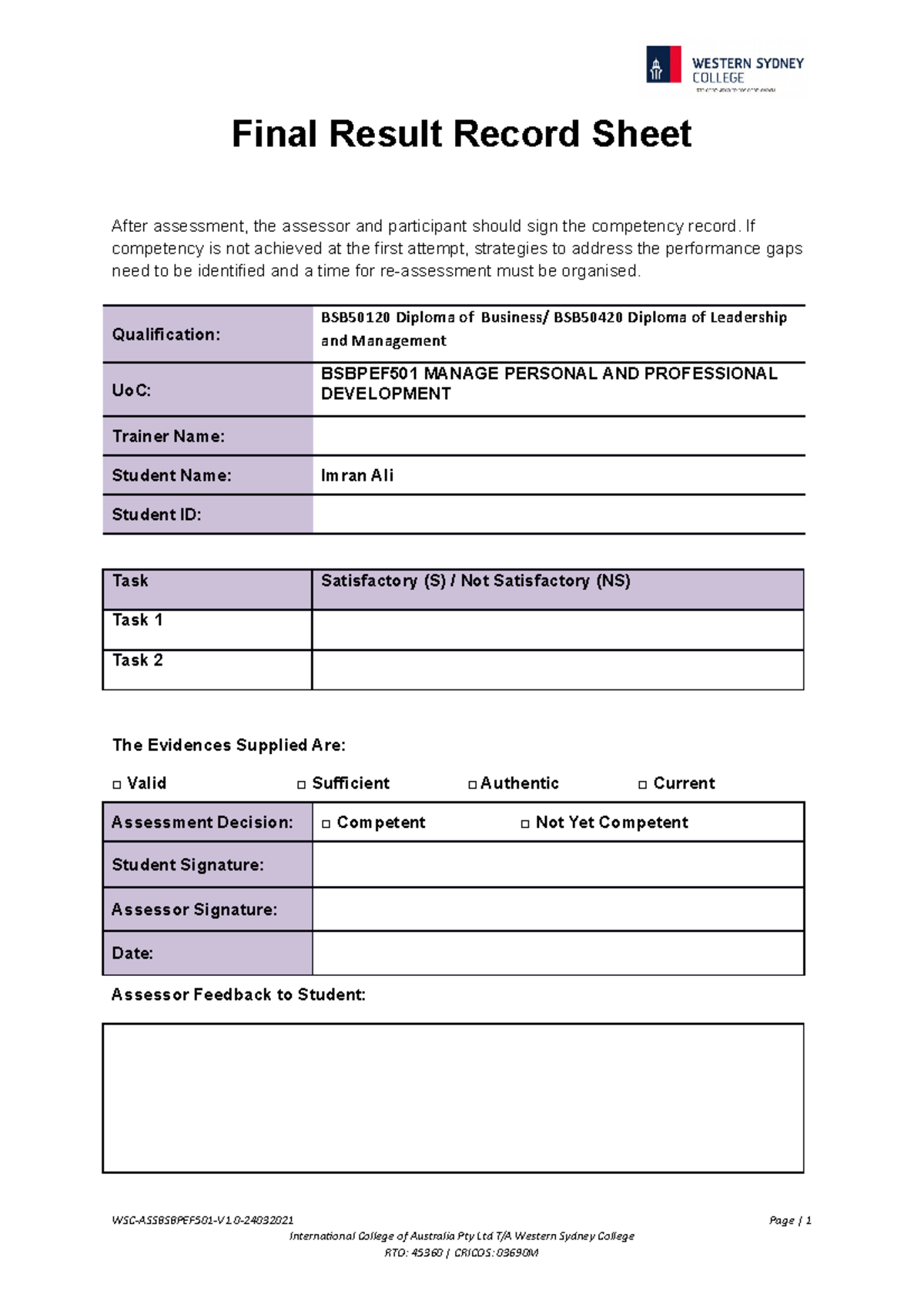 Bsbpef 501 Final Result Record Sheet - Final Result Record Sheet After ...