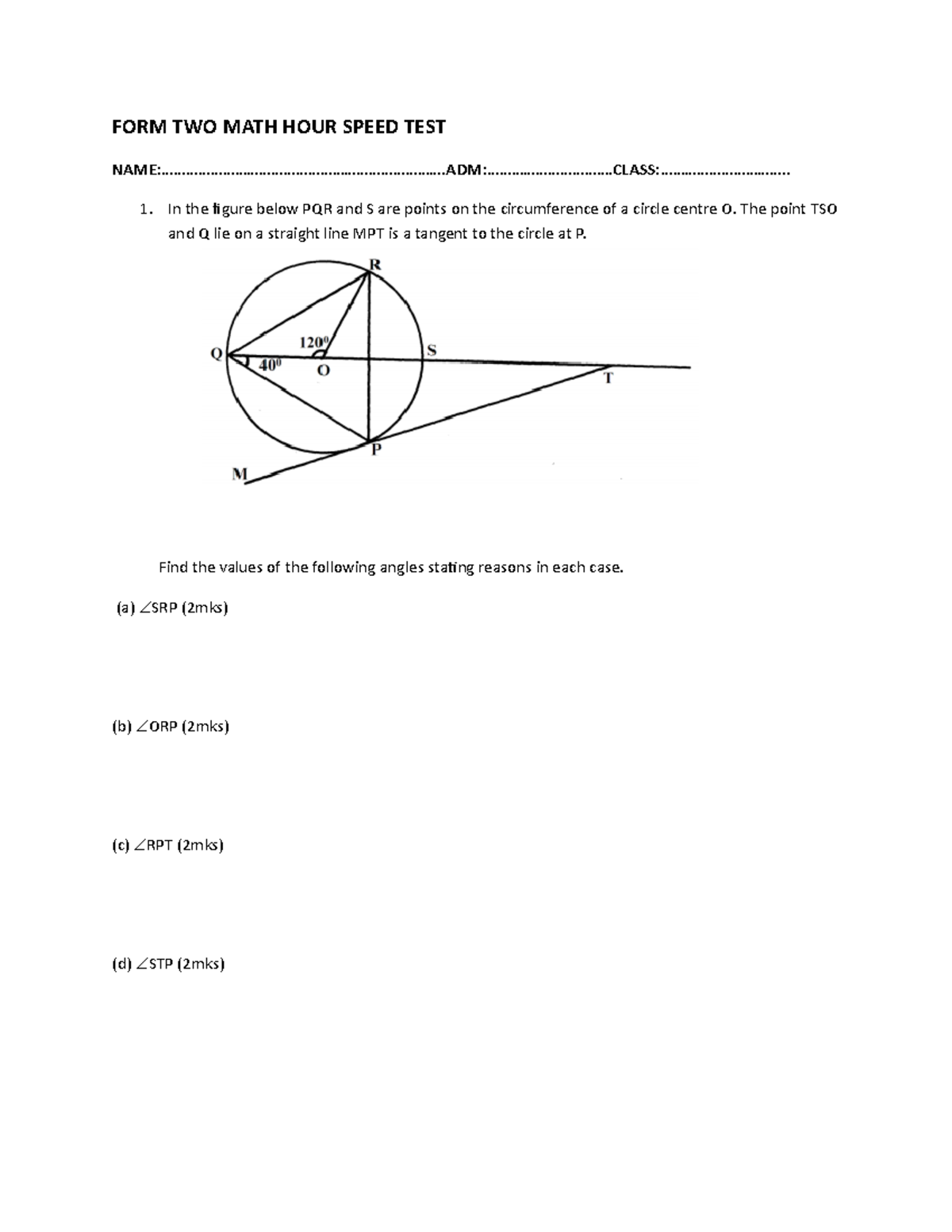 FORM TWO MATH HOUR Speed TEST 28TH - FORM TWO MATH HOUR SPEED TEST ...
