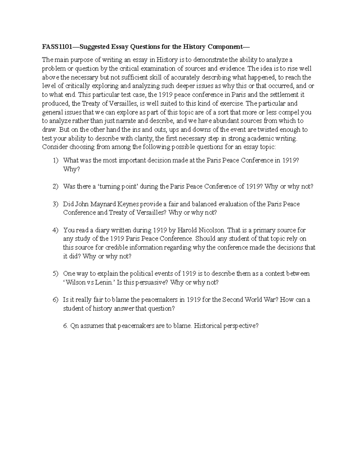 Possible Essay Questions FASS1101 Suggested Essay Questions For The