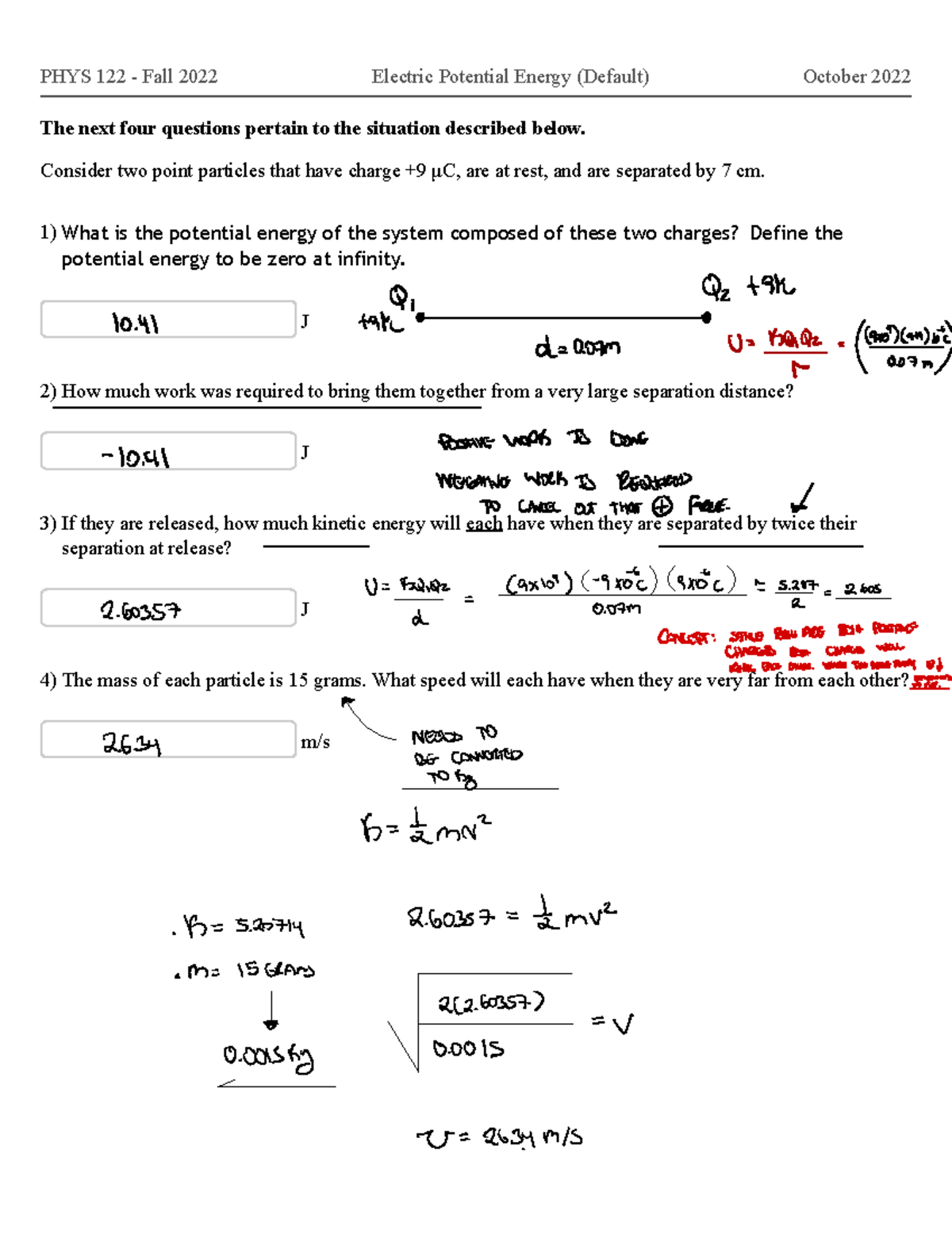 Electric Potential Energy - PHYS 122 - Fall 2022 October 2022 1) 2) 3 ...