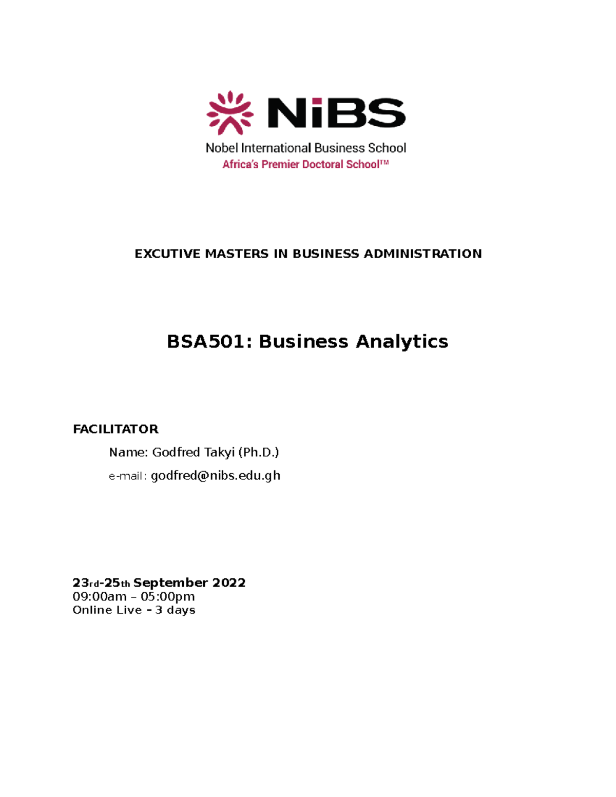 Business Analytics Course outline - EXCUTIVE MASTERS IN BUSINESS ...