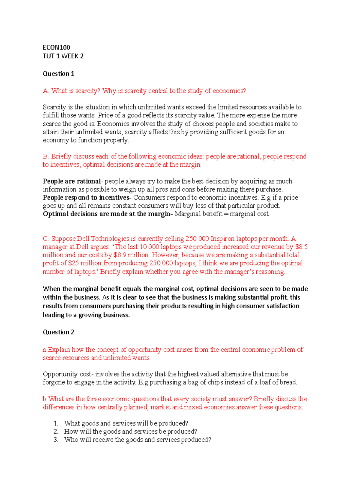 Tut week 2 questions - tutorial Q's - ECON TUT 1 WEEK 2 Question 1 A ...