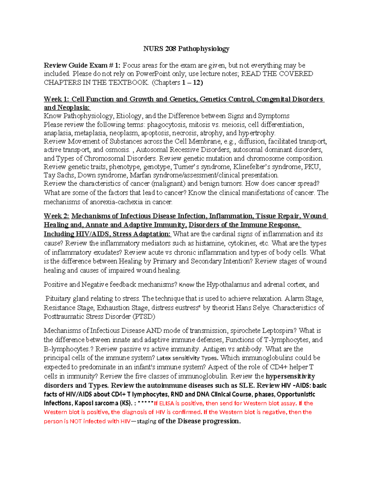 Pathophysiology EXAM 1 study guide Fall 2024 - NURS 208 Pathophysiology ...