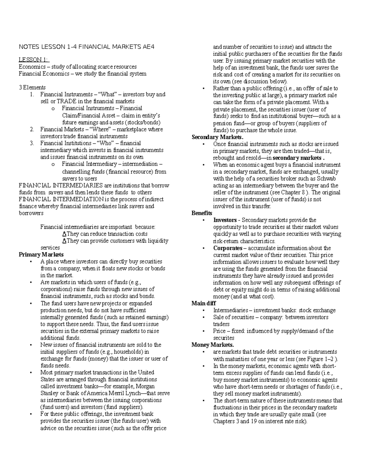 Notes AE4 - NOTES LESSON 1-4 FINANCIAL MARKETS AE LESSON 1: Economics ...
