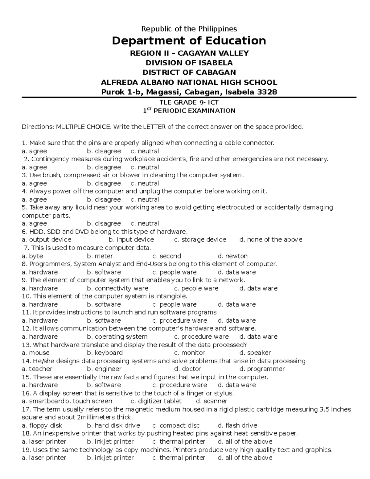 First periodic examination tle 9 - Republic of the Philippines ...