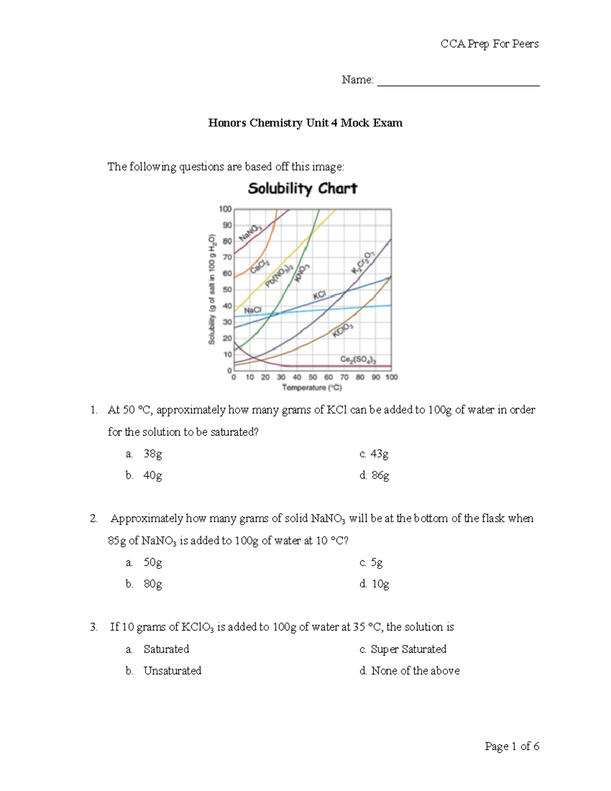 Honors Chemistry Unit 4 Mock Exam - Name ...
