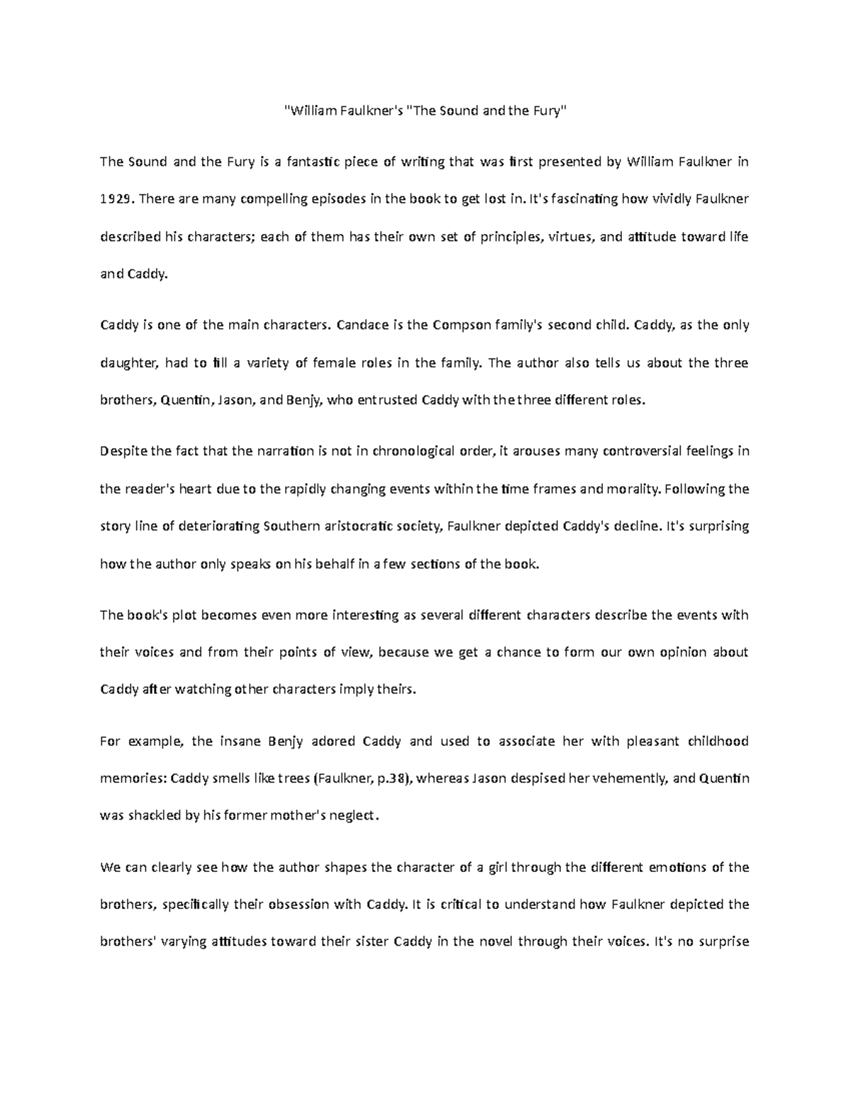 Assignment - "William Faulkner's "The Sound and the Fury" - "William ...