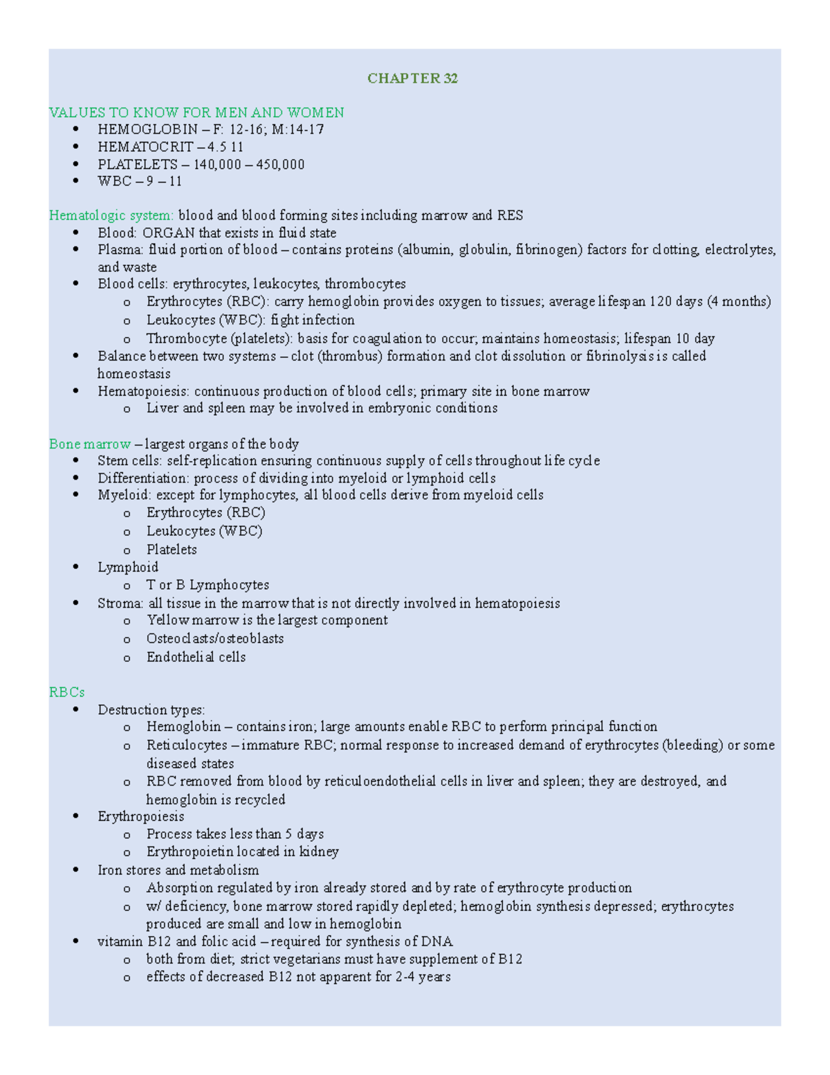 Acute Test 4 study guide - CHAPTER 32 VALUES TO KNOW FOR MEN AND WOMEN ...