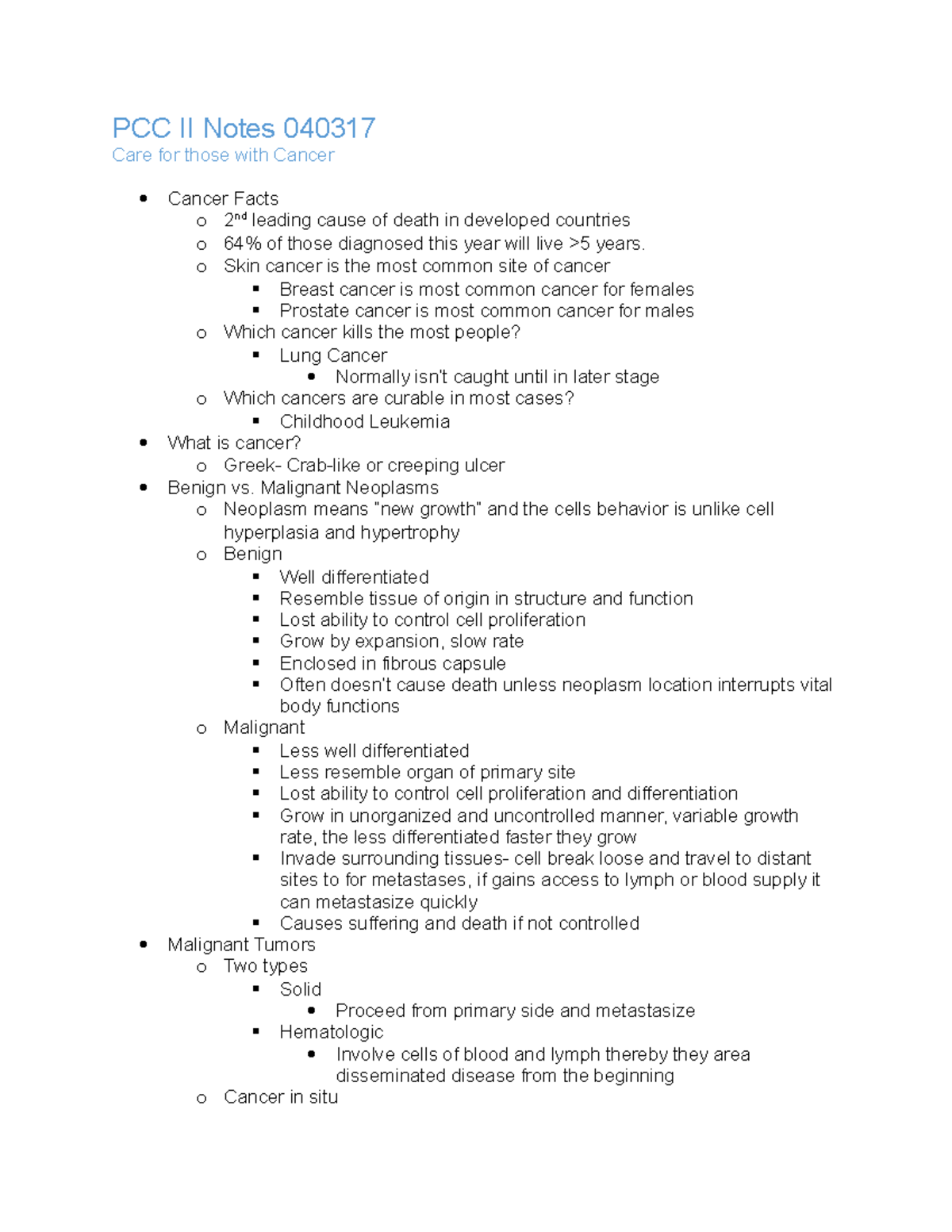 PCC II Notes 040317 - PCC II Notes 040317 Care for those with Cancer ...