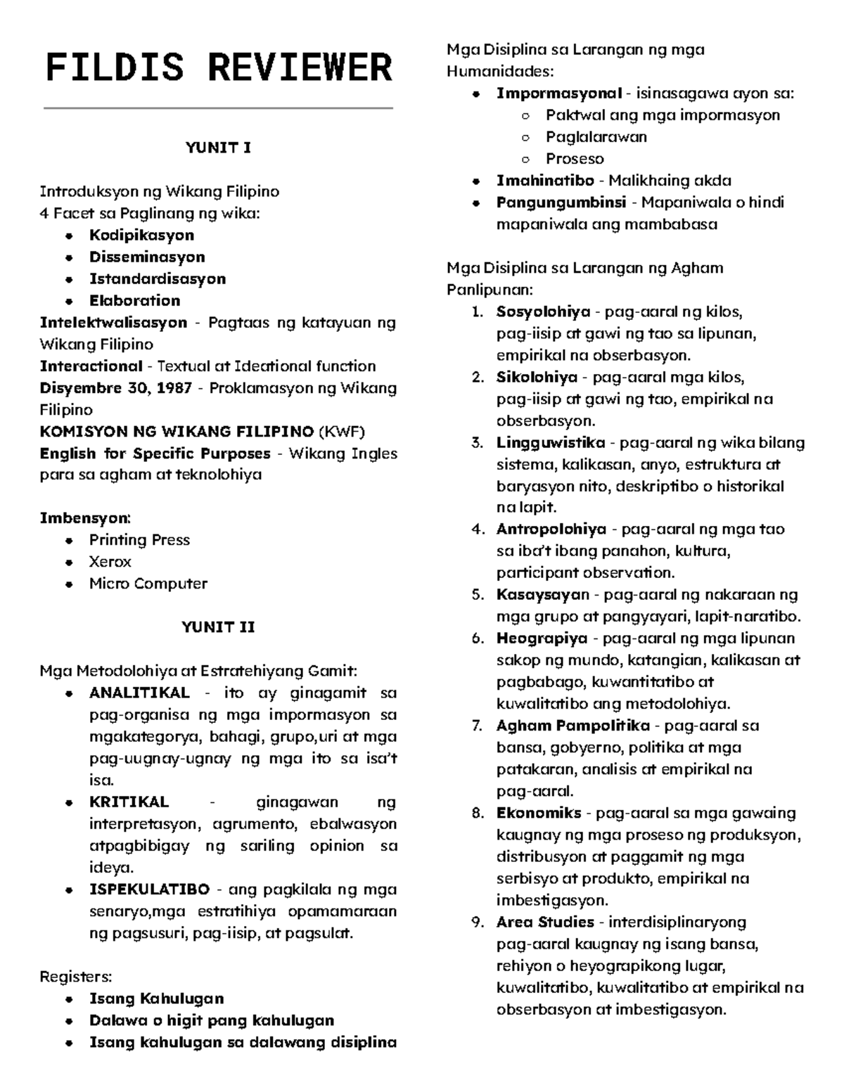 Fildis Reviewer - FILDIS REVIEWER YUNIT I Introduksyon ng Wikang ...