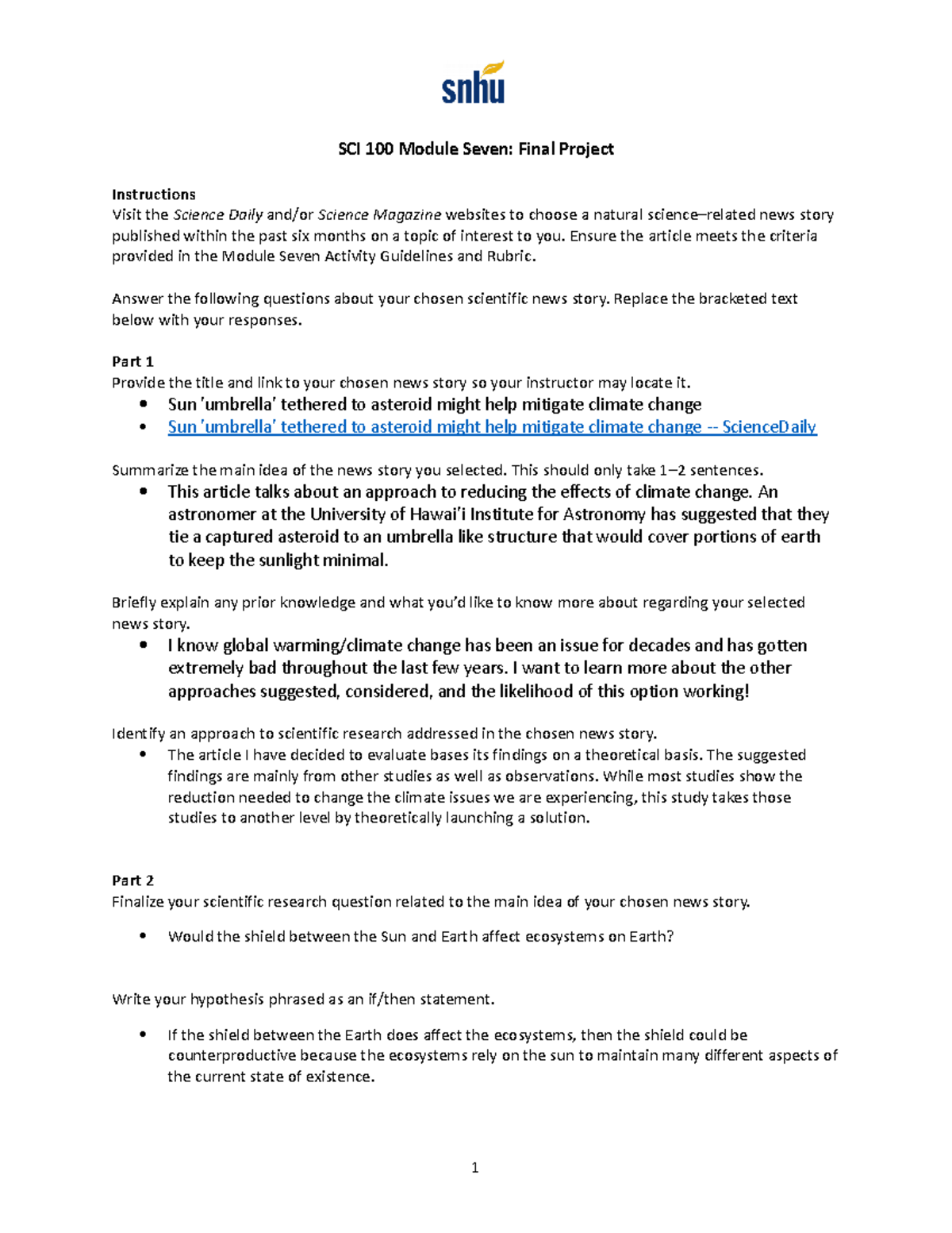 SCI 100 Module Seven - SCI 100 Module Seven: Final Project Instructions ...