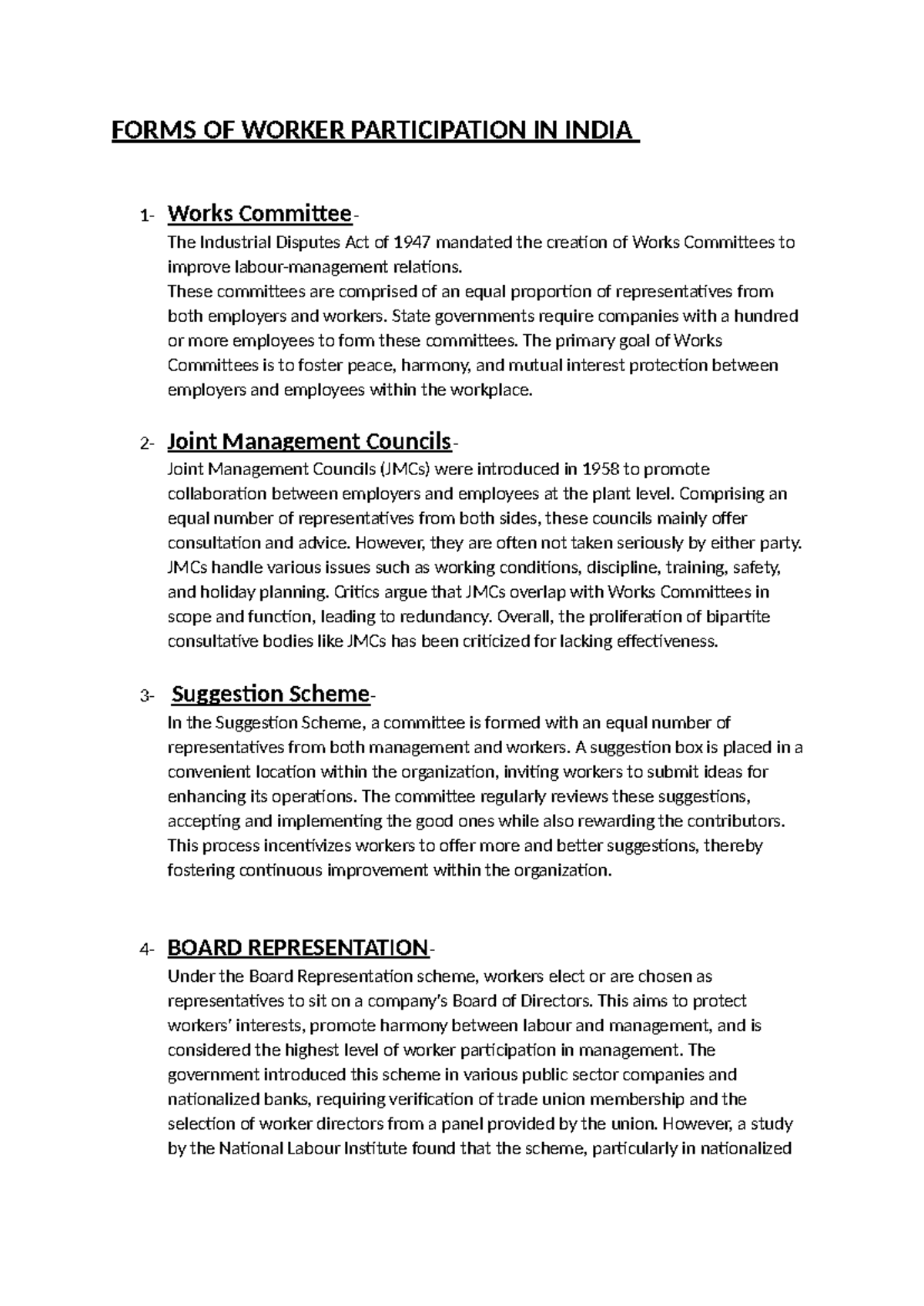 Labour LAW - FORMS OF WORKER PARTICIPATION IN INDIA 1- Works Committee ...