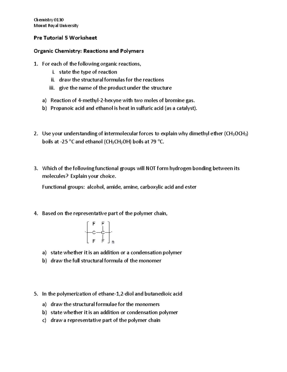 Pre-Tutorial 5 Worksheet - Chemistry 0130 Mount Royal University Pre Tutorial 5 Worksheet ...